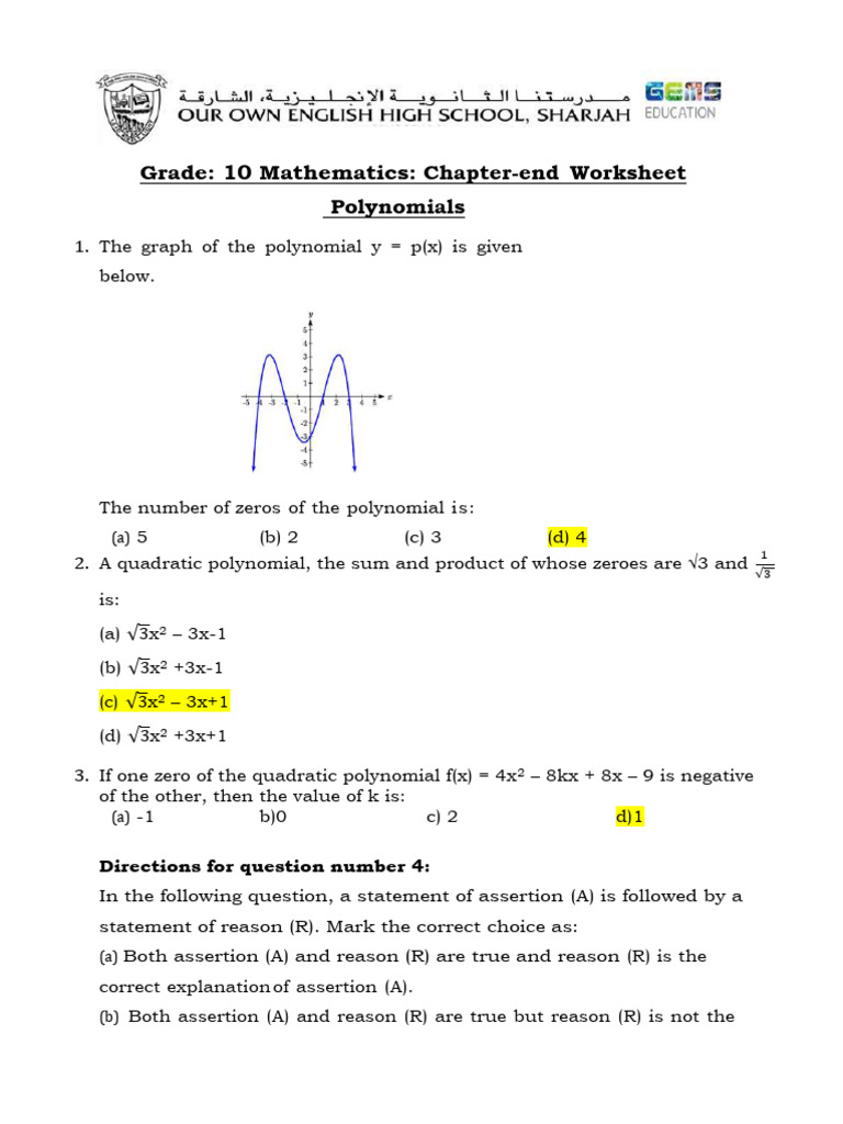 Grade 10 Polynomials Worksheet Answers | PDF | Polynomial | Numerical ...