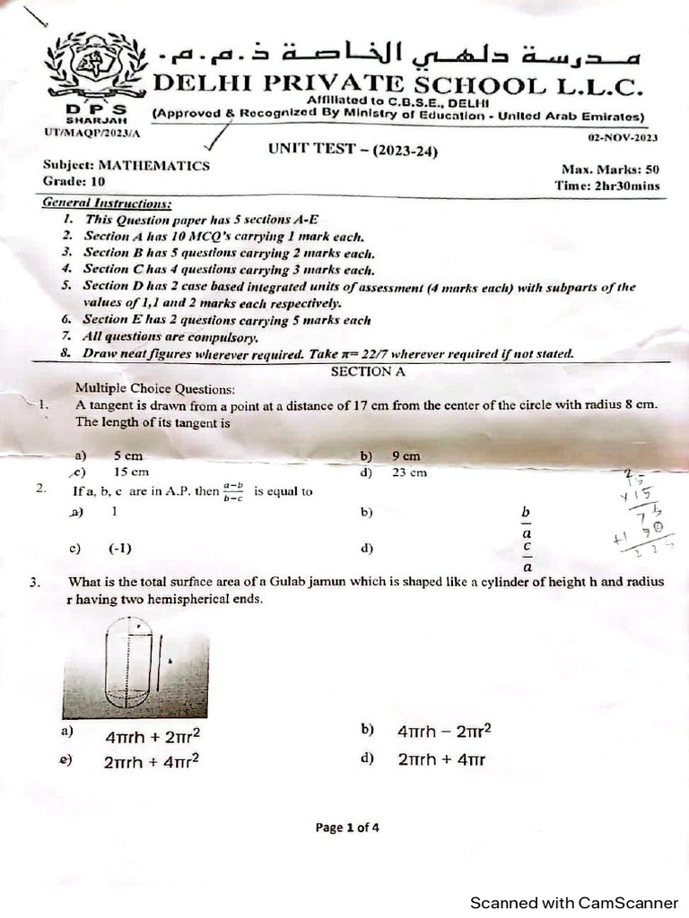 Dps Unit Test Maths | PDF
