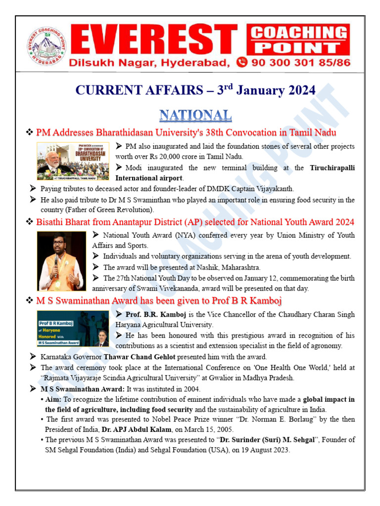 January 2024 Current Affairs Summary | PDF