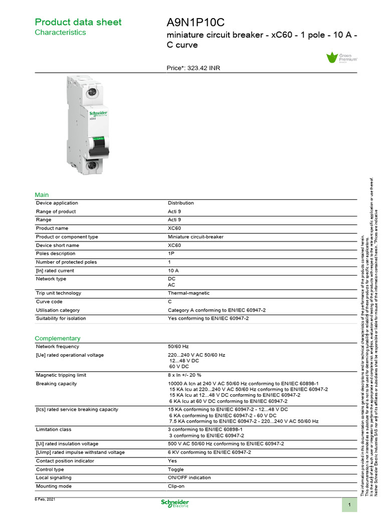 Schneider Electric MCB 10a Single Pole A9n1p10c | PDF | Alternating ...