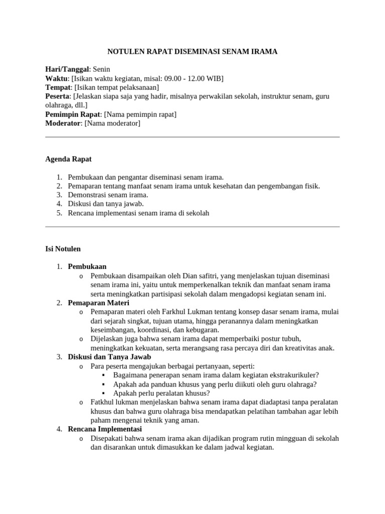 Notulen Rapat Diseminasi Senam Irama Lukman | PDF