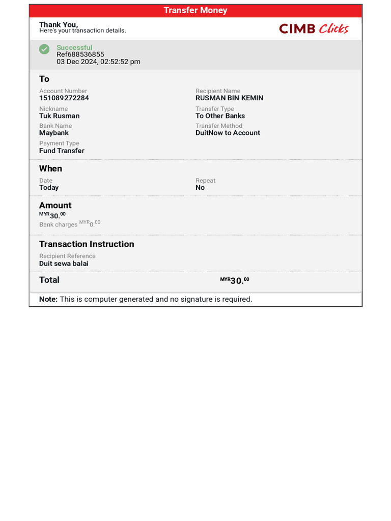 Transfer Confirmation: DuitNow Transaction | PDF