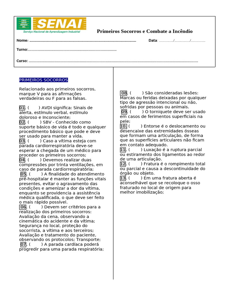 Prova de Nr. 10 Prim. Socorr. Comb. Incênd | PDF | Incêndios | Combustão