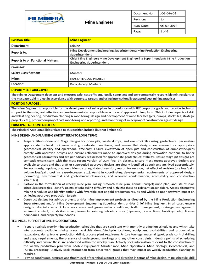 JOB 06 606 Mine Engineer | PDF | Mining | Occupational Safety And Health