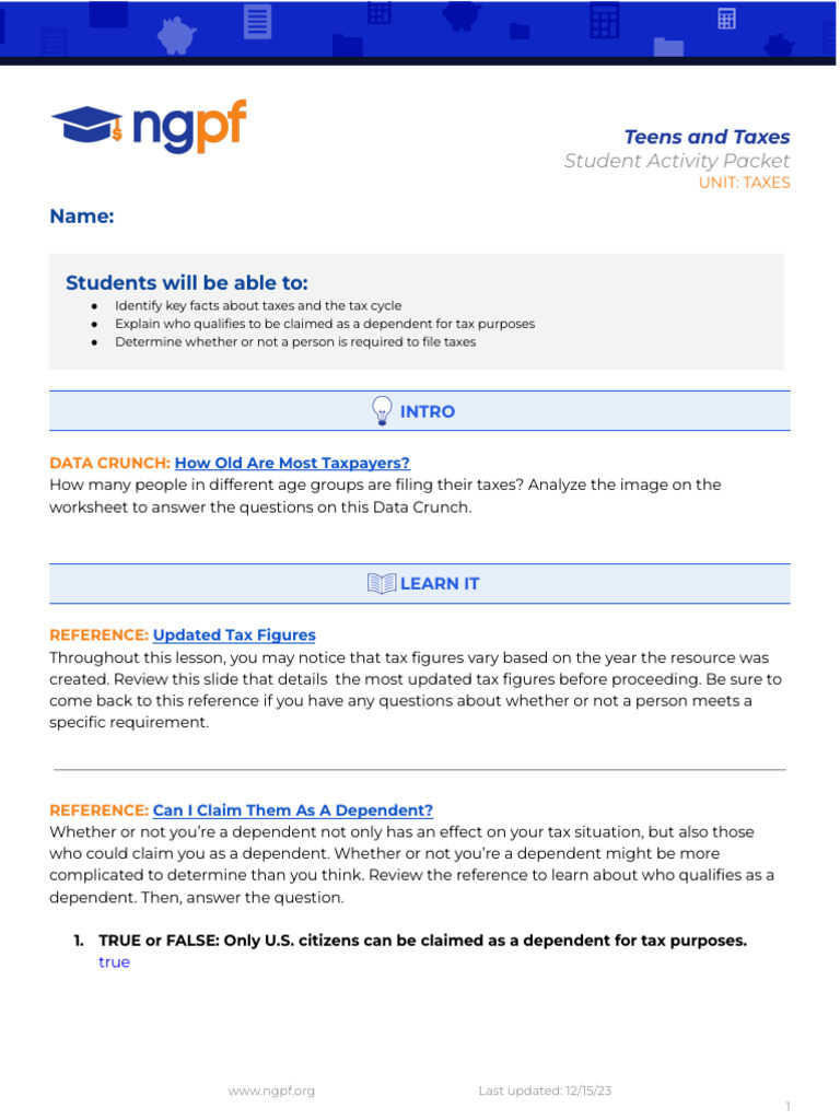Teens and Taxes Student Activity Packet | PDF | Payroll | Self Employment