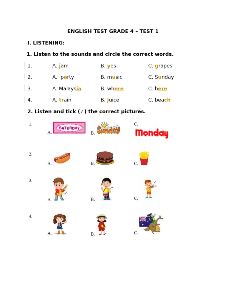 ENGLISH TEST GRADE 4 | PDF | Cuisine | Foods