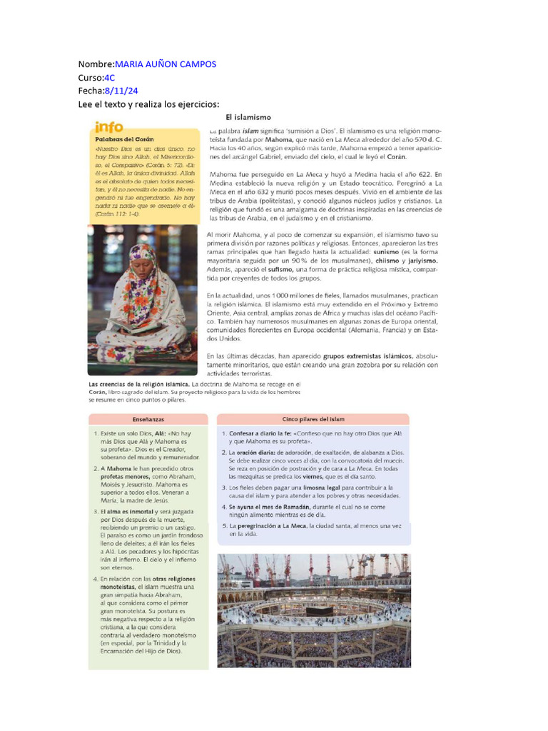 Actividad Tema 1 Religión Sobre El Islam | PDF