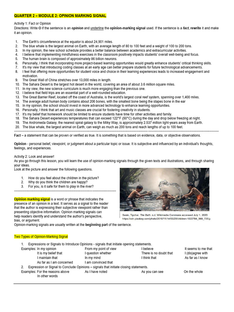 QUARTER 2 LESSON 2 Opinion Marking Signals | PDF | Galaxy | Cognition