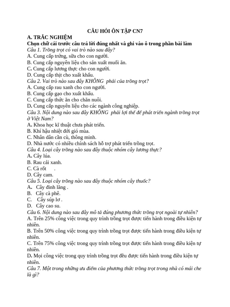 CÂU HỎI ÔN TẬP CN7 (1) | PDF