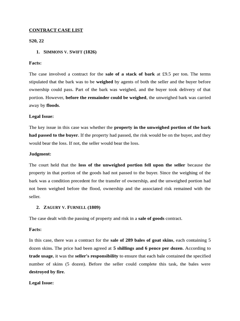 CONTRACT CASE LIST | PDF | Breach Of Contract | Sales