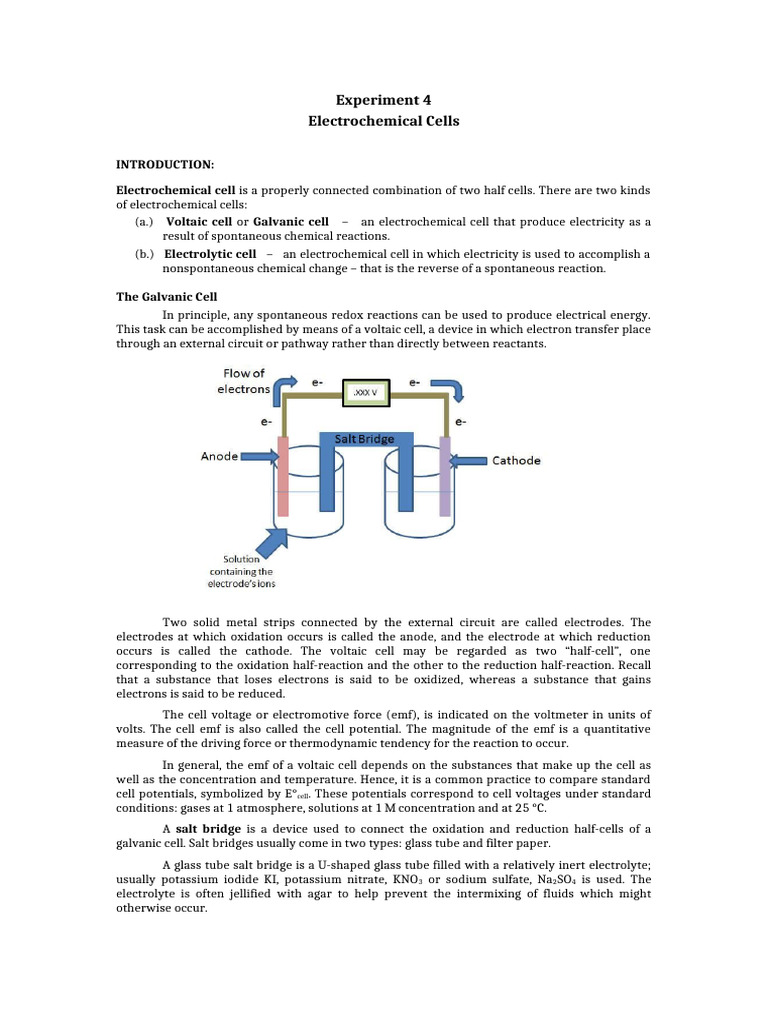 Experiment4 Electrochemical Cells | PDF | Electrochemistry | Redox