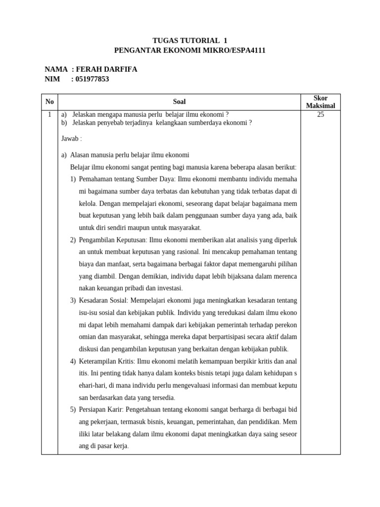TUGAS TUTORIAL 1 PENGATAR EKONOMI MIKRO_FERAH DARFIFA | PDF