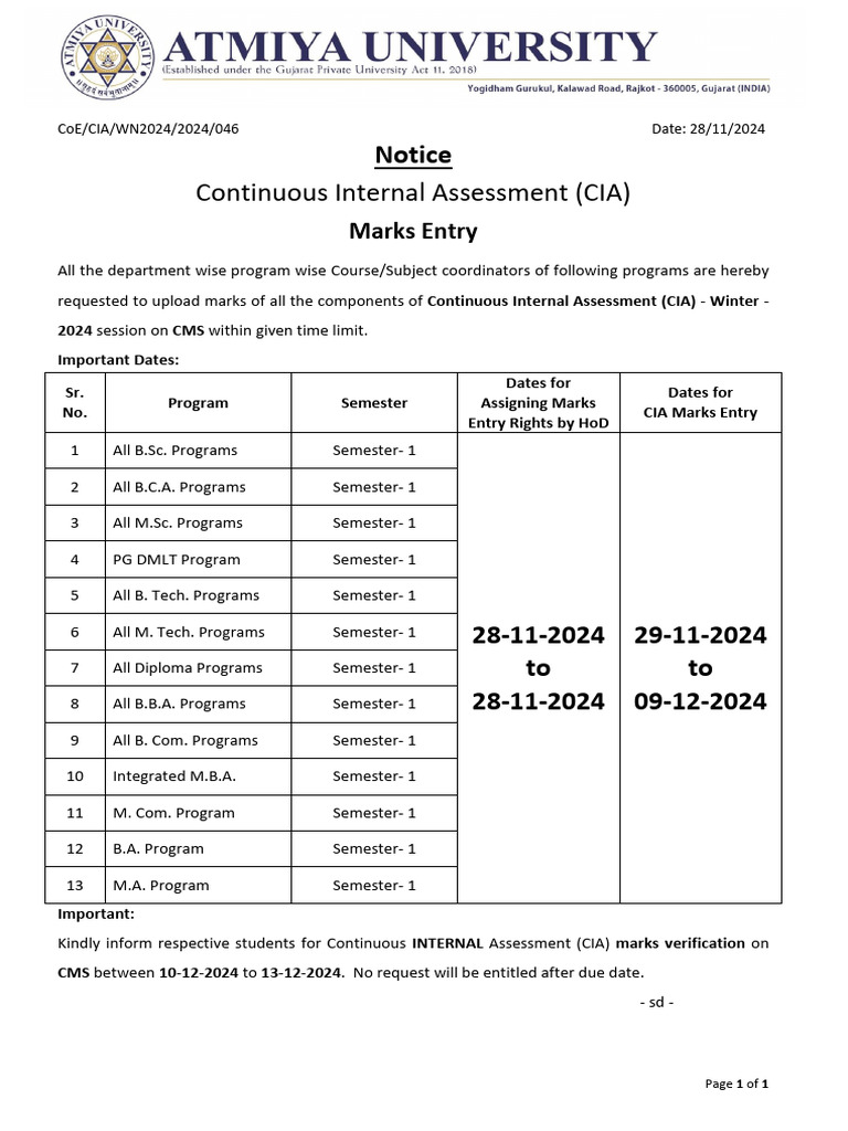 Notice CIA Marks Entry Sem 1 Winter 2024 | PDF