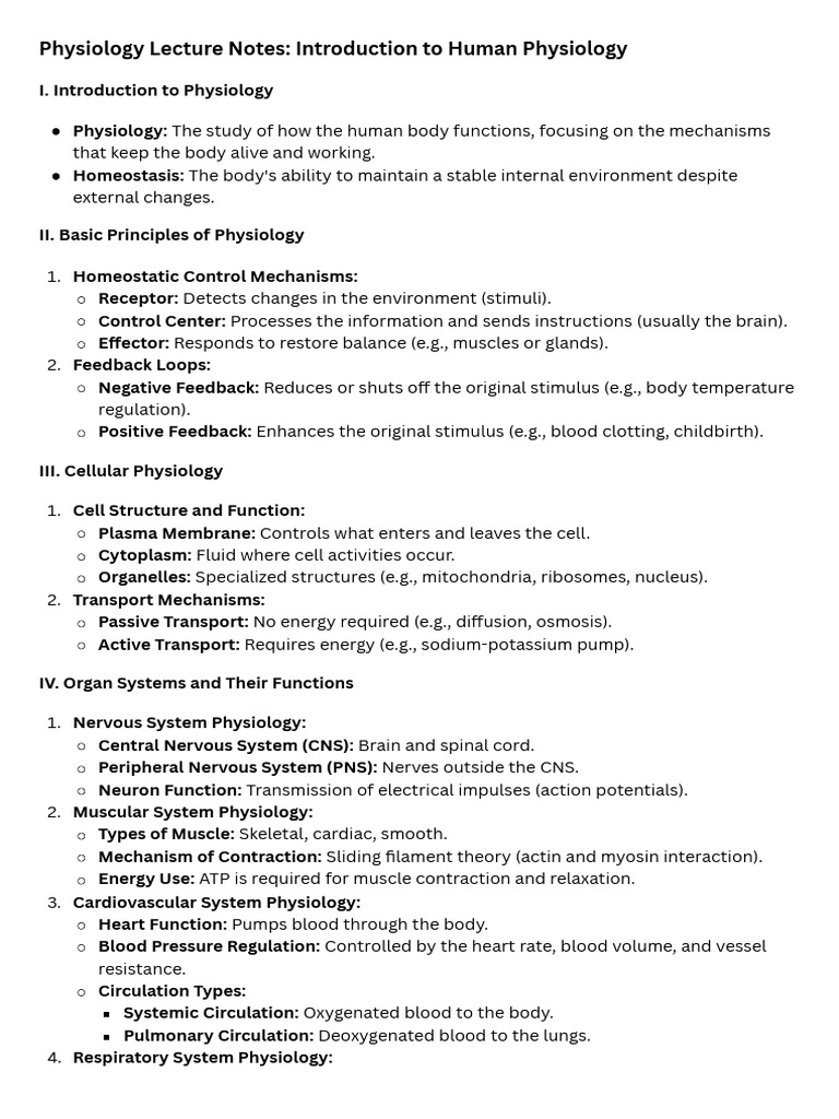 Introduction to Human Physiology Notes | PDF | Human Body | Nervous System