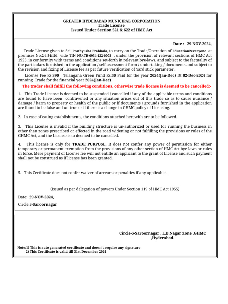 Trade License Certificate | PDF | License | Business Law