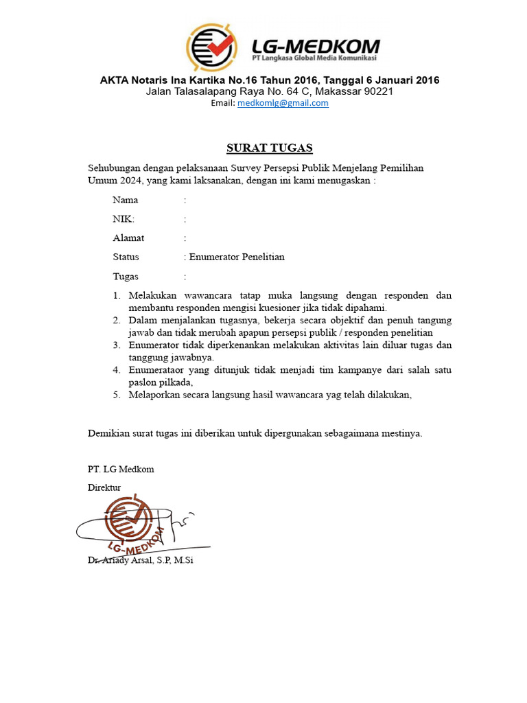Surat Tugas Enumerator | PDF