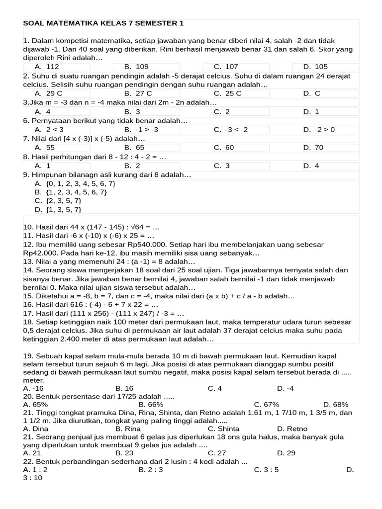Soal Mtk Kelas 7 | PDF