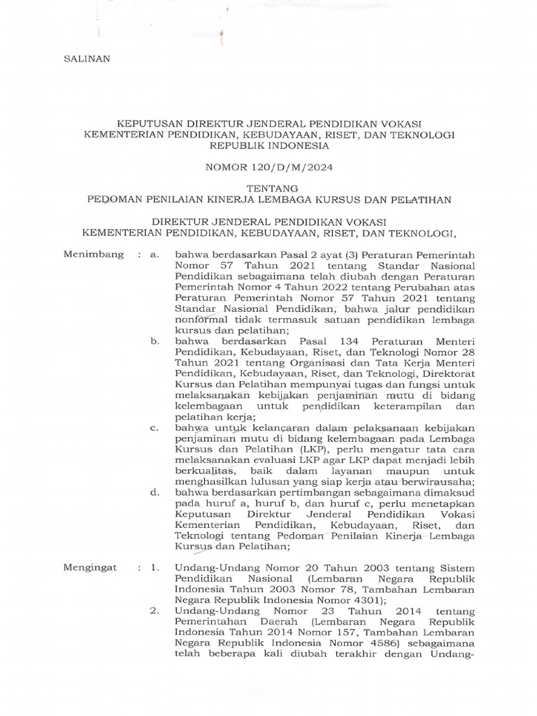 120.SK Dirjen Pedoman Penilaian Kinerja Lembaga Kursus & Pelatihan | PDF