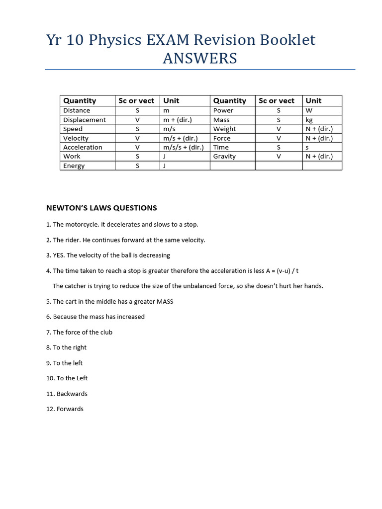 Year 10 Physics Exam Revision Guide | PDF | Acceleration | Mechanics