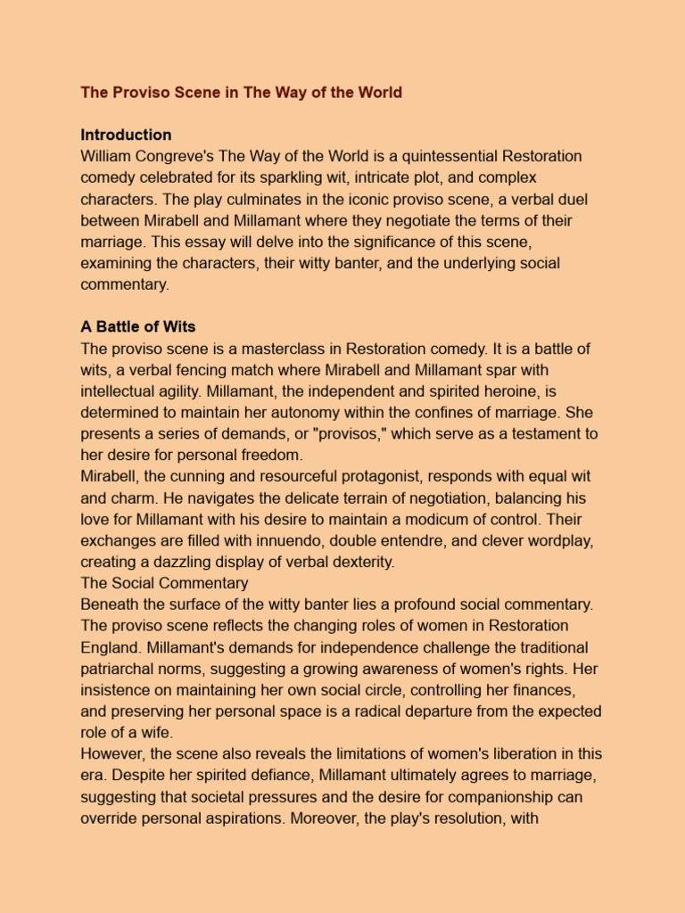 The Proviso Scene in The Way of The World - A Battle of Wits | PDF ...