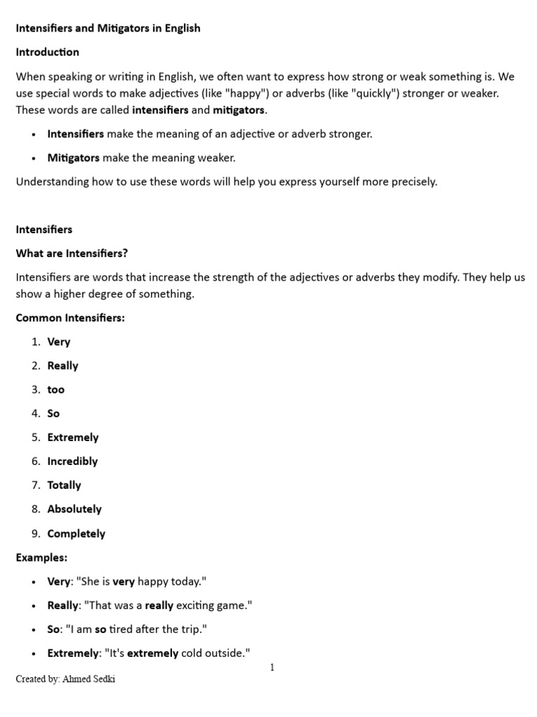 33 Intensifiers and Mitigators Full | PDF | Adverb | Adjective