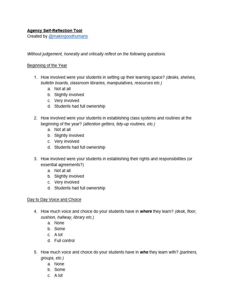 Agency Self-Reflection Tool (1) | PDF | Education Theory | Human ...