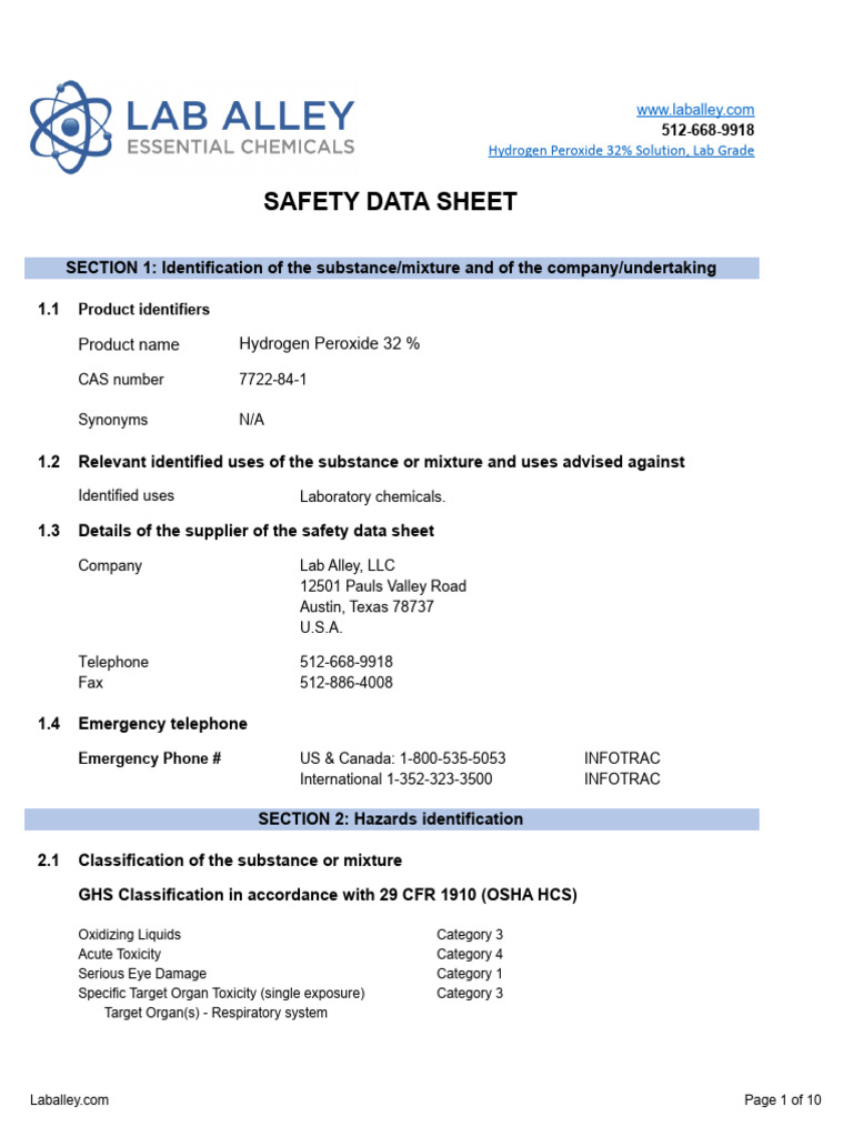 Hydrogen Peroxide 32 Solution Lab Grade Safety Data Sheet 6736444abbc34 ...