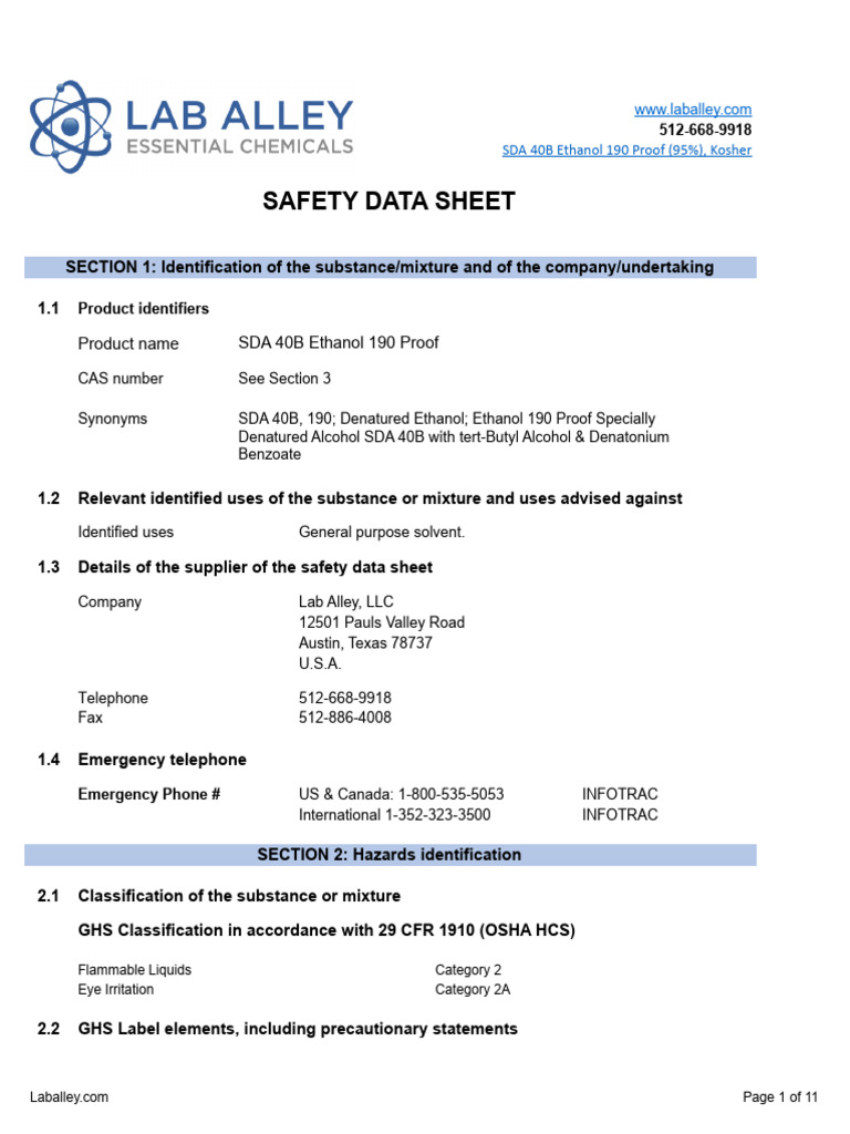 Sda 40b Ethanol 190 Proof 95 Kosher Safety Data Sheet 673b7fd66bc73 ...