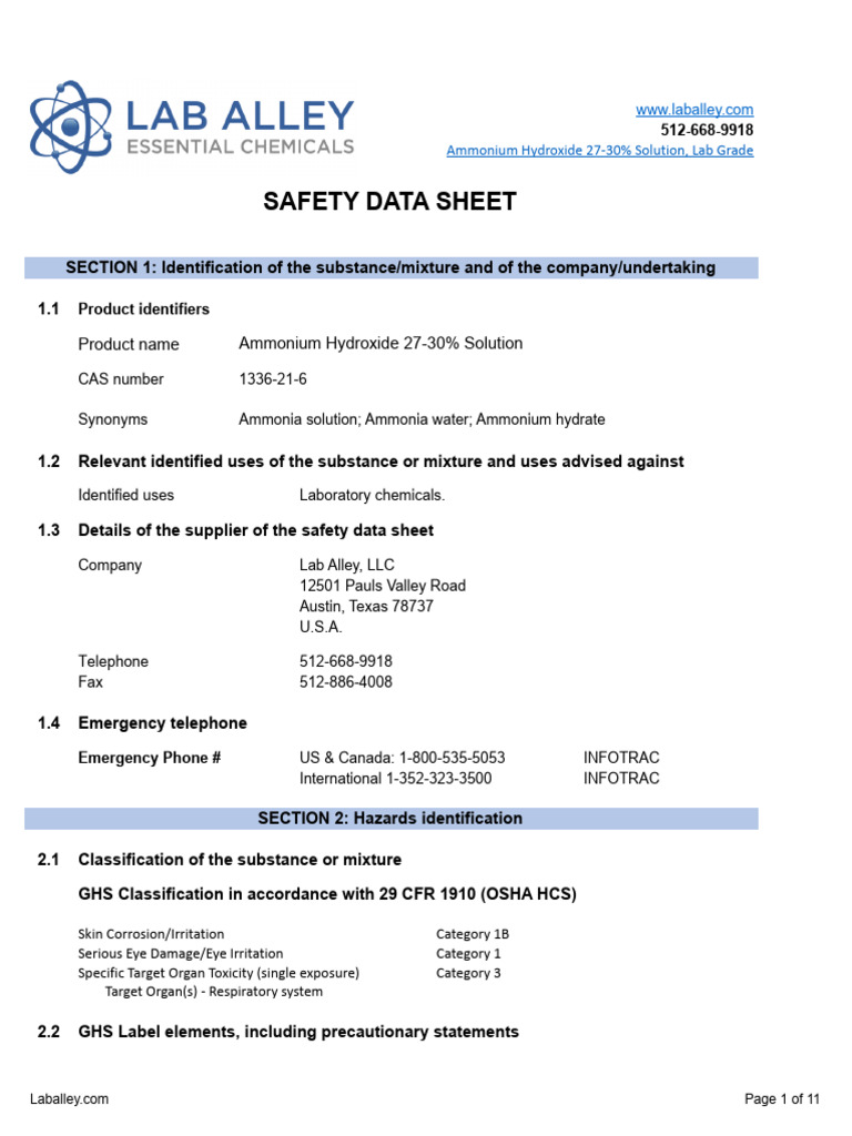 Ammonium Hydroxide Safety Sheet | PDF | Toxicity | Dangerous Goods