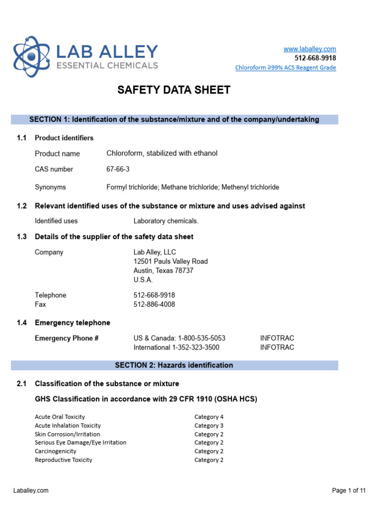 Chloroform Safety Data Sheet (ACS Grade) | PDF | Toxicity | Waste