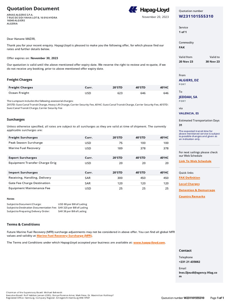 Quotation - W231101555310 - DZALG - SAJED Hapag Lloyd | PDF | Fee | Cargo