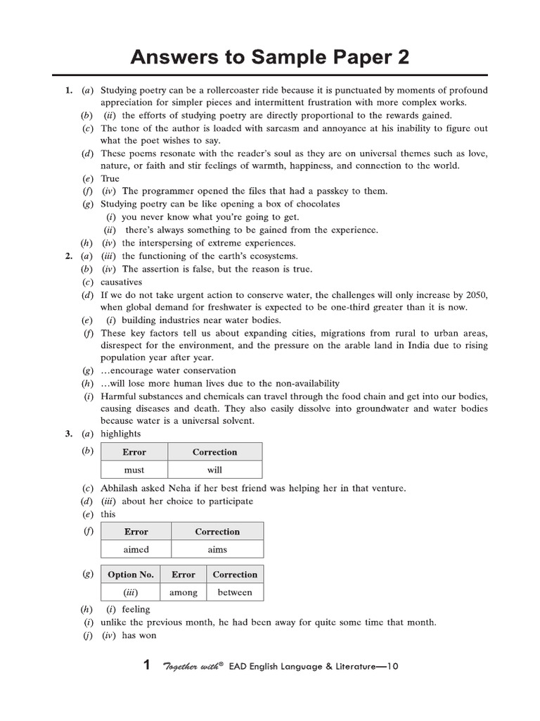 Cbse Cl10 Ead English Llr Answers to Sample Paper 2 2025 (1) | PDF