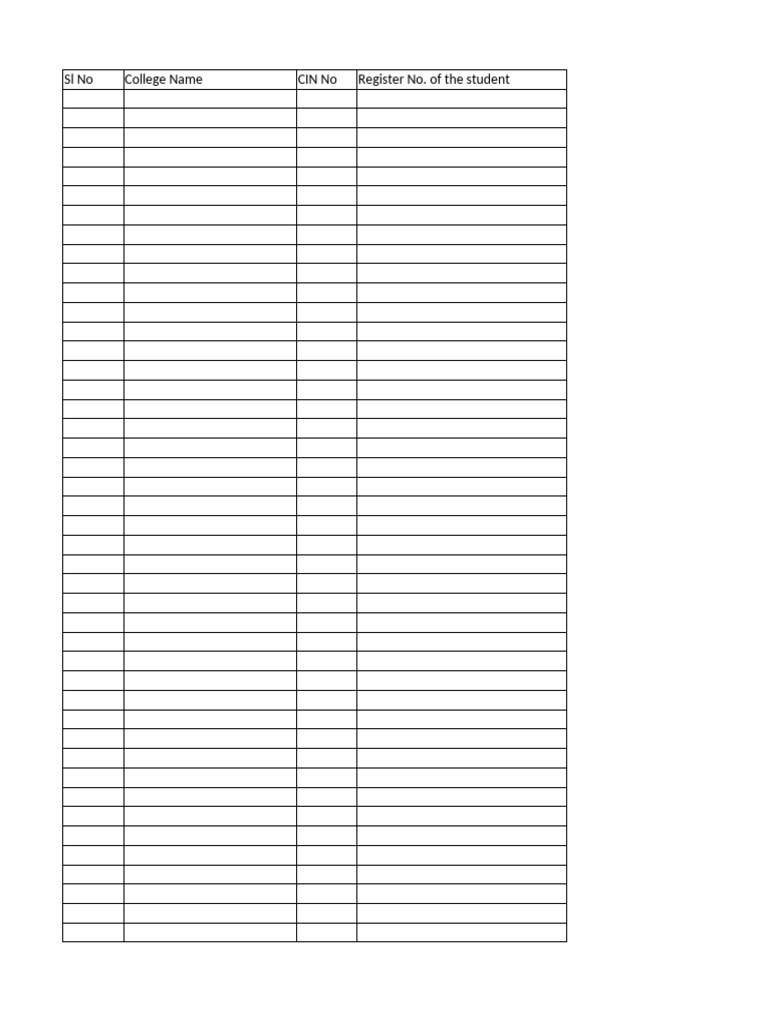SL No College Name Cin No Register No. of The Student | PDF