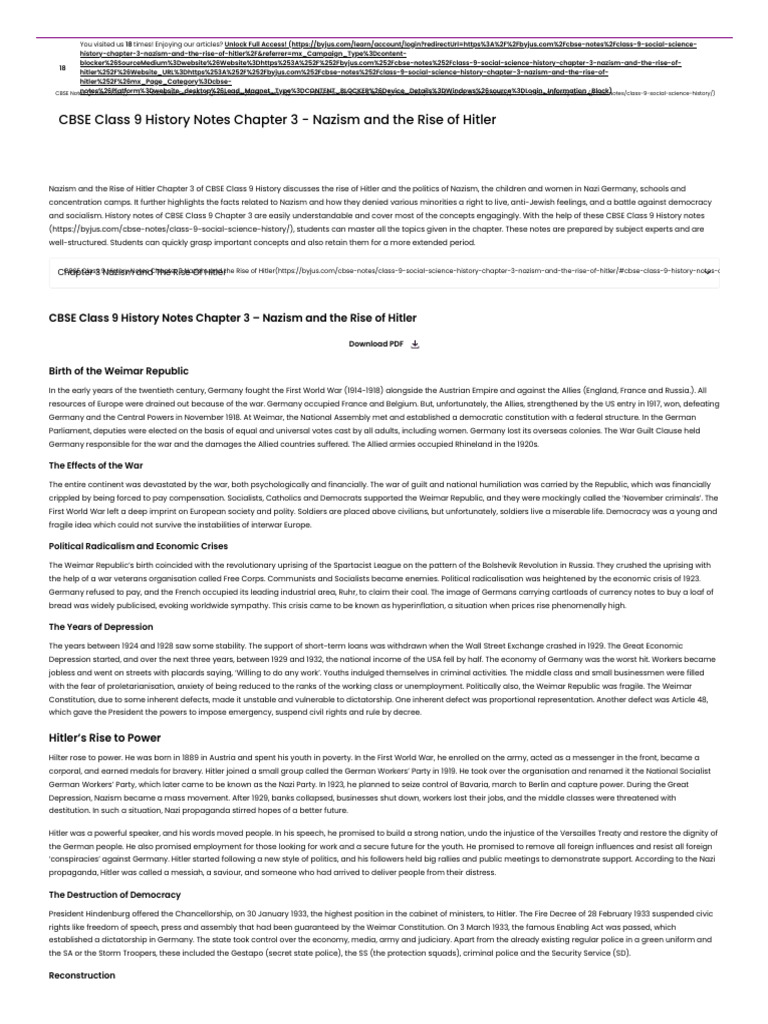 CBSE Class 9 History Notes Chapter 3 - Nazism and The Rise of Hitler ...