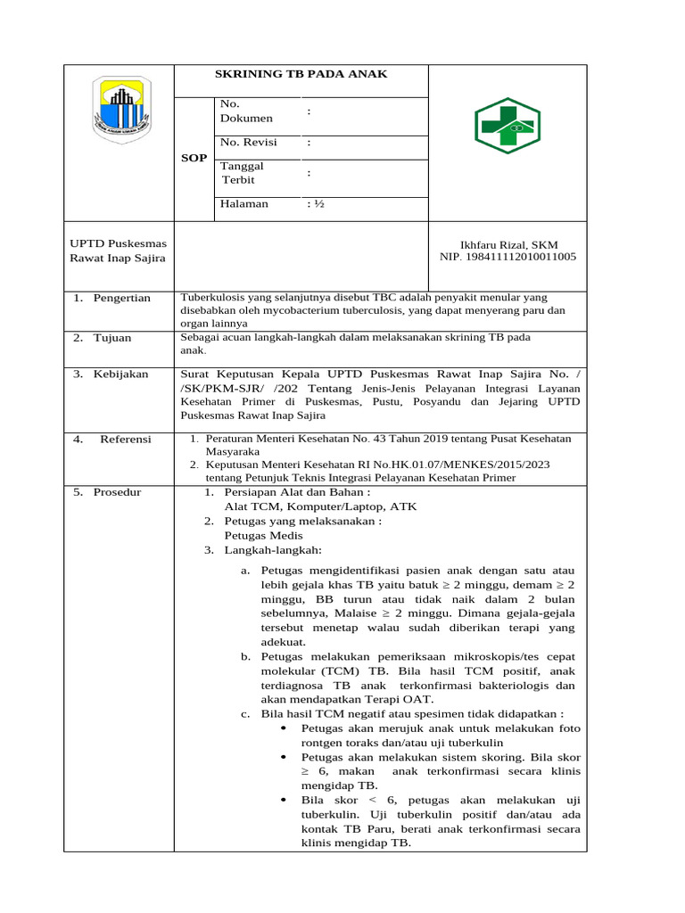 Prosedur Skrining TB Anak di Puskesmas | PDF