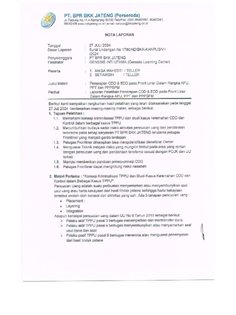 Nota Lapoan Training Anisa | PDF