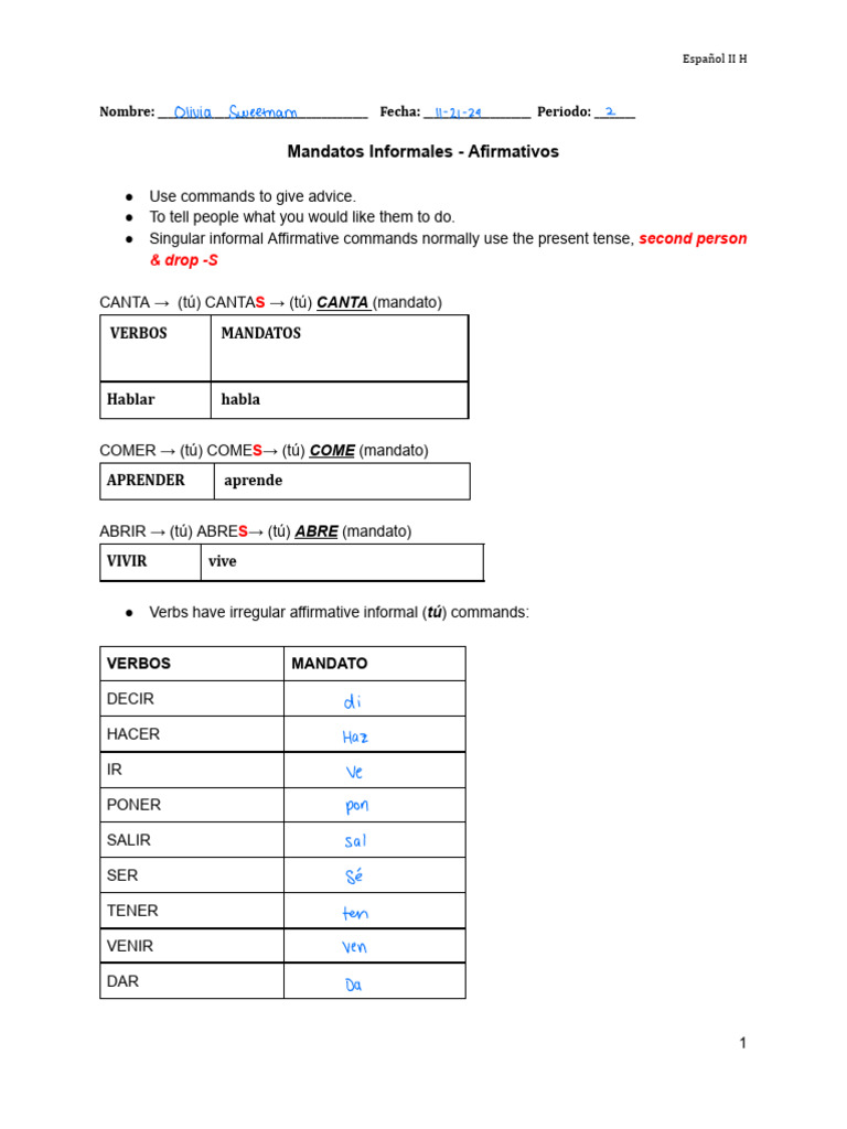Mandatos Informales Afirmativos - Reglas | PDF | Stress (Linguistics ...