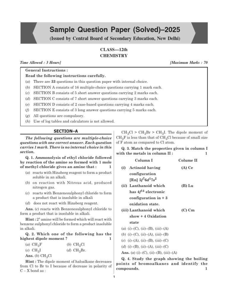 Sample Paper Chemistry 2025 12th | PDF | Ammonia | Physical Sciences
