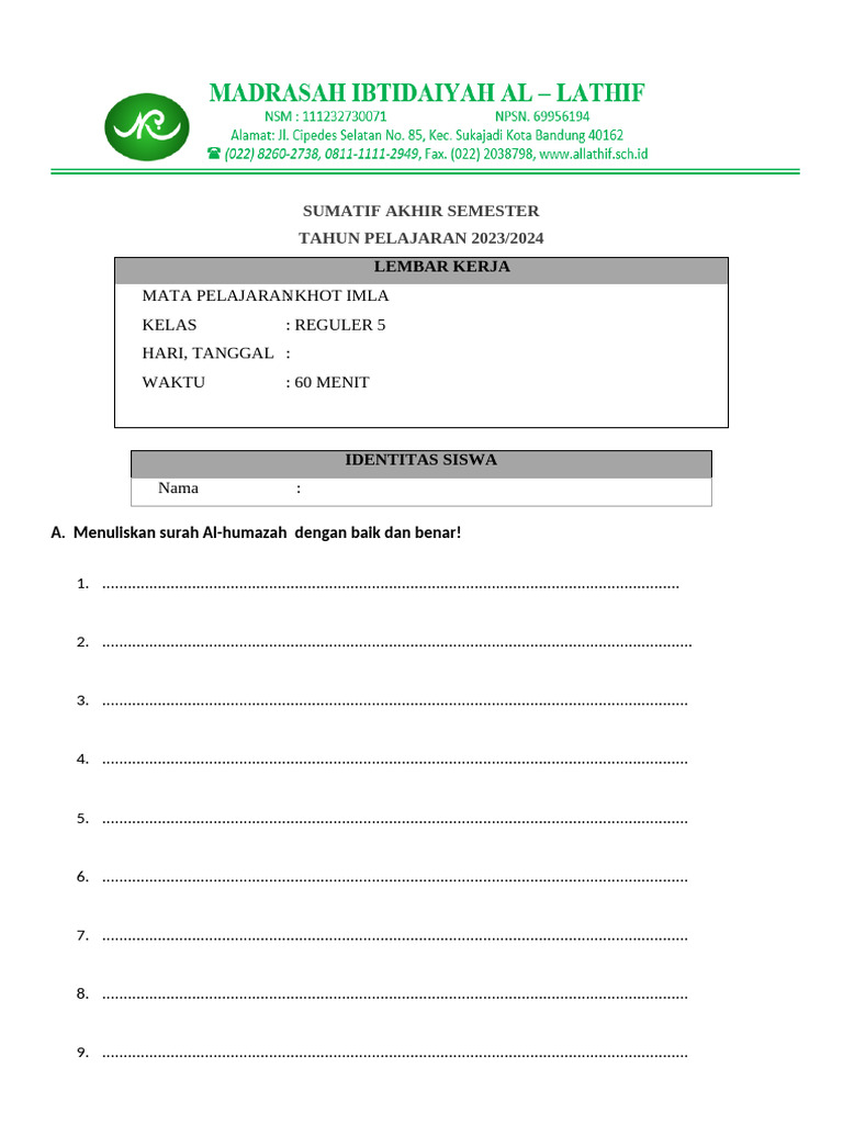 Soal Khot Imla Kls 5 2023-2024 | PDF
