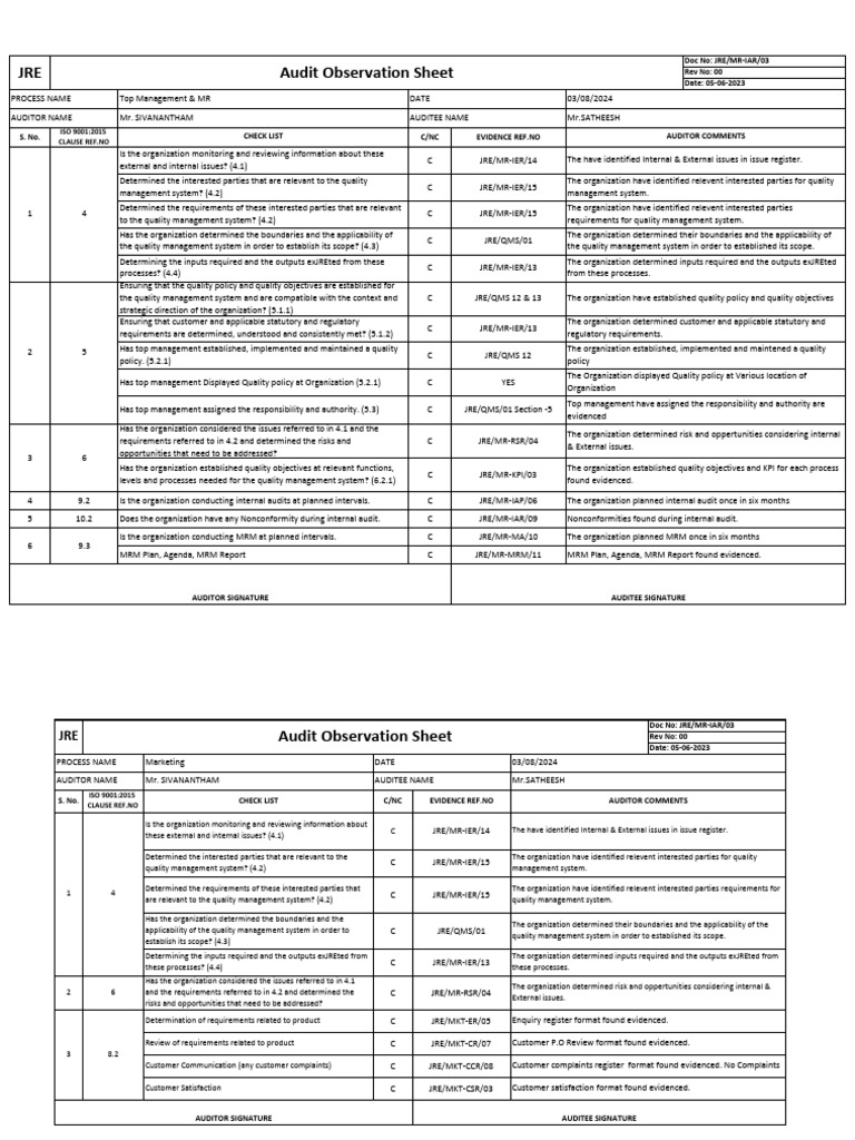 Audit Observation Sheet Pdf Audit Quality Management System