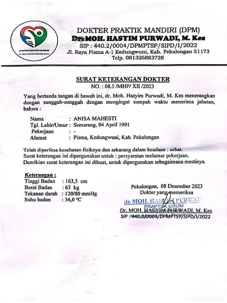 Surat Keterangan Sehat Anisa Mahesti - Compressed | PDF