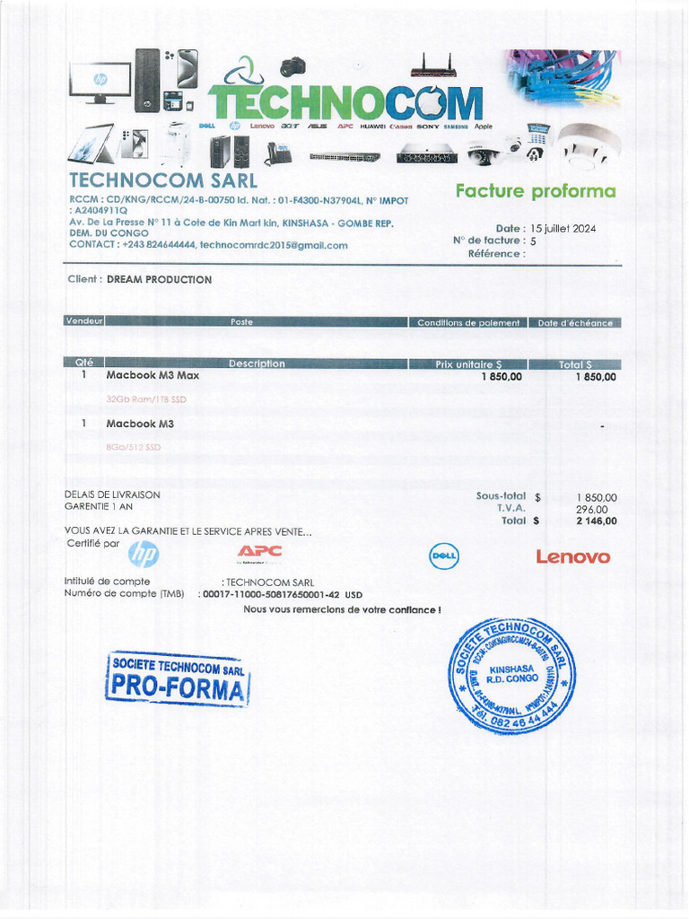 Facture Proforma Dream Production 15-07-2024 | PDF