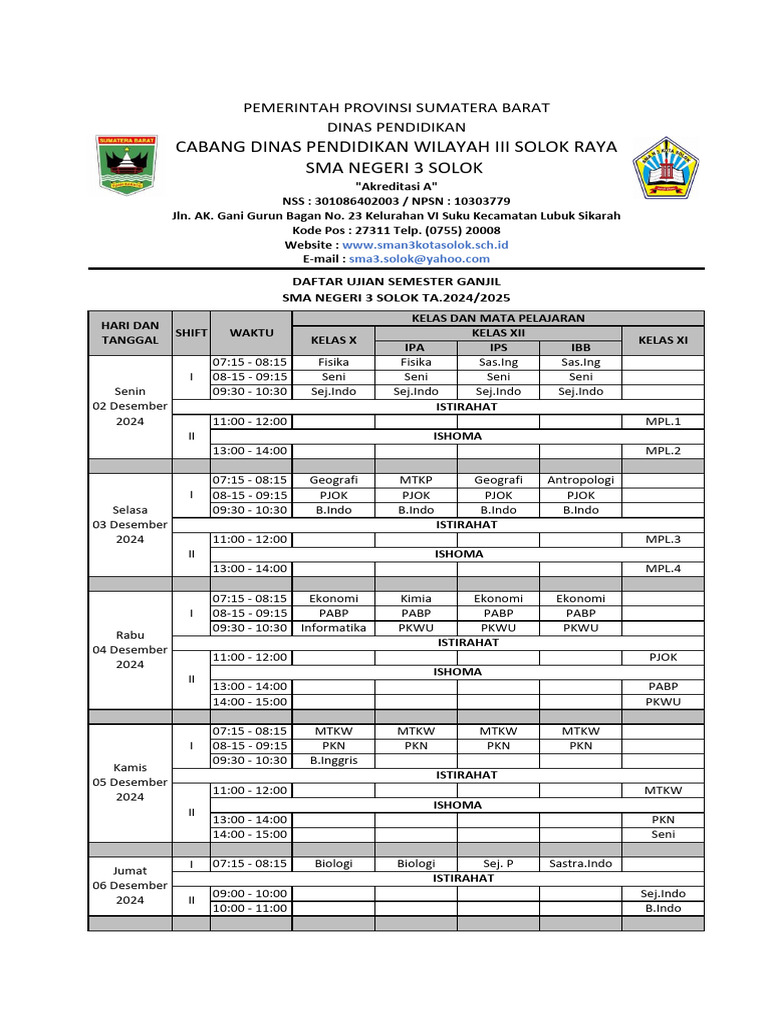 Daftar Ujian Semester Ganjil Ta. 2024-2025 | PDF