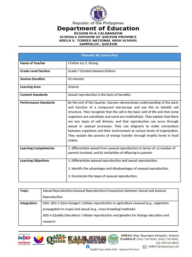 Science 7-Thematic-Ibl-Lesson-Plan | PDF | Reproduction | Sexual Reproduction