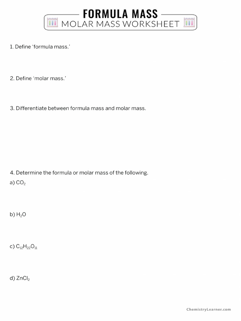 Formula Mass and Molar Mass Worksheet | PDF