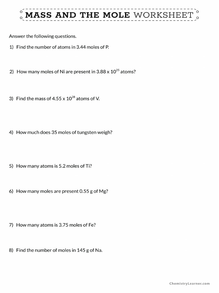 Chemistry Atoms Mass and The Mole Worksheet With Answers | PDF