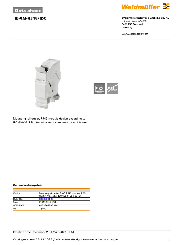 8808360000_IE-XM-RJ45_IDC_en | PDF | Electrical Engineering | Electricity