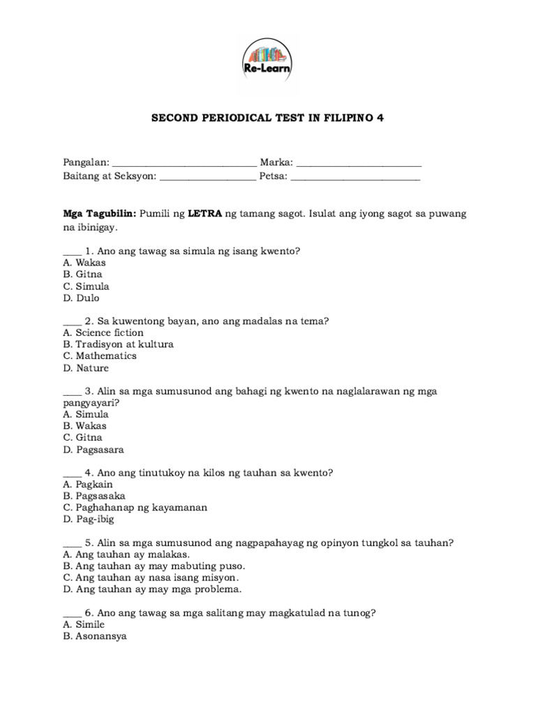SECOND PERIODICAL TEST IN FILIPINO 4 (Re-Learn) | PDF