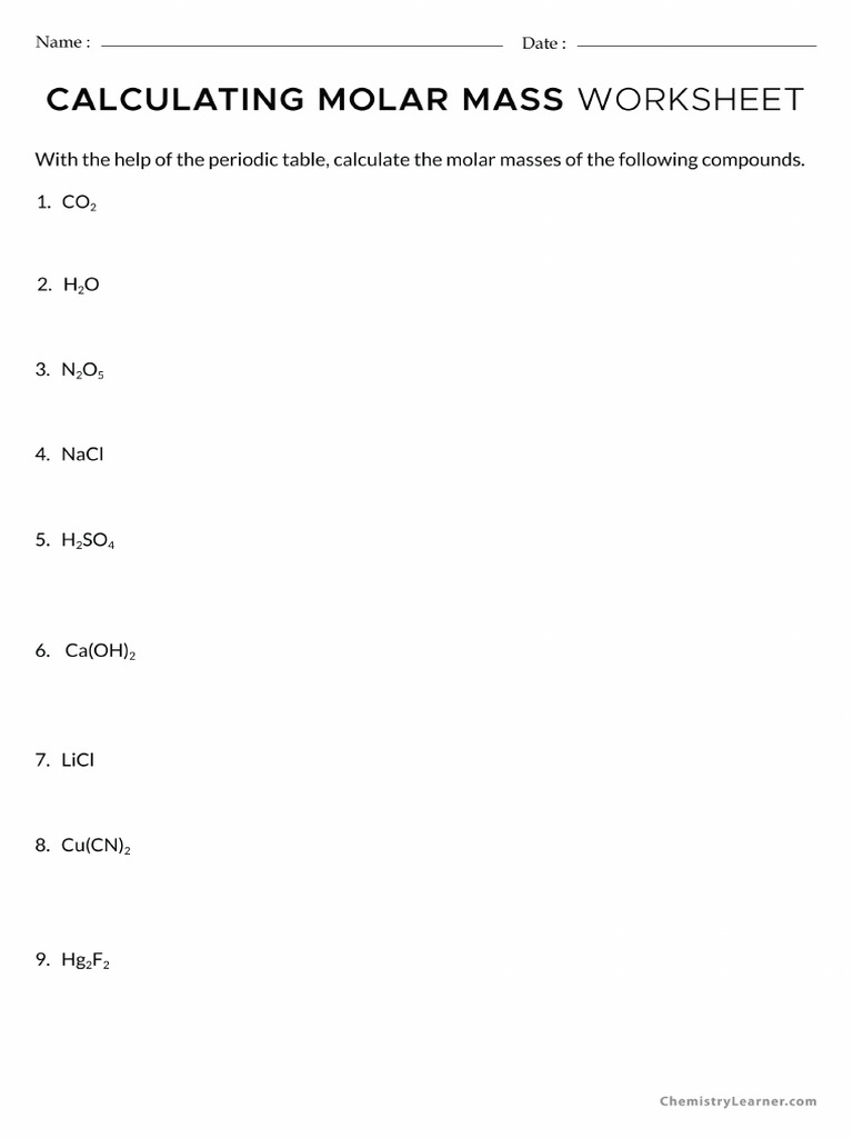 Calculating Molar Mass Worksheet With Answer Key | PDF