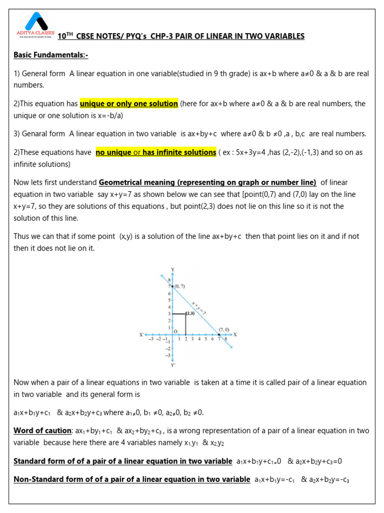 10th WORKSHEET ON CHP-3 Pair of Linear Equations in Two Varioables ...
